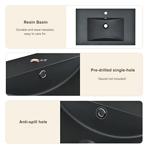 QuixotYDDZ 30" Freestanding Bathroom Vanity with Single Resin Sink, Bathroom Storage Cabinet and Sink Combo, Bathroom Cabinet with Door and Open Shelf for Apartment Dorm, Metal Frame, Black