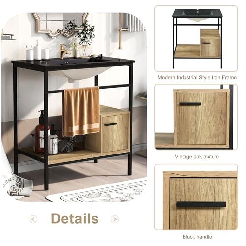 QuixotYDDZ 30" Freestanding Bathroom Vanity with Single Resin Sink, Bathroom Storage Cabinet and Sink Combo, Bathroom Cabinet with Door and Open Shelf for Apartment Dorm, Metal Frame, Black