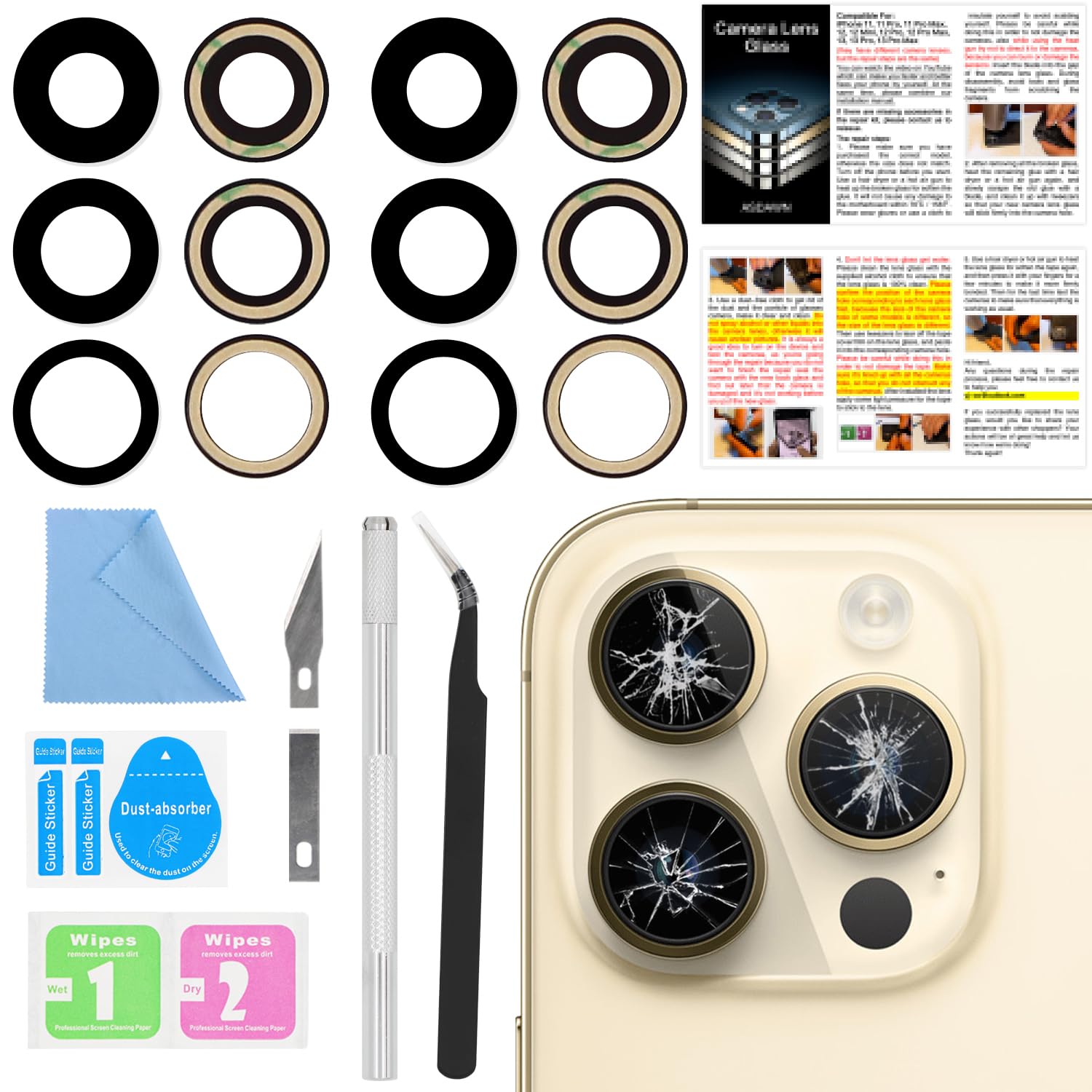 2PCS ASDAWN Back Rear Camera Lens Glass Replacement for iPhone 14 Pro Max and 14 Pro Camera Glass Lens Replacement with Pre-Installed Adhesive + Repair Tool Kit + Installation Manual