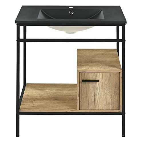 QuixotYDDZ 30" Freestanding Bathroom Vanity with Single Resin Sink, Bathroom Storage Cabinet and Sink Combo, Bathroom Cabinet with Door and Open Shelf for Apartment Dorm, Metal Frame, Black