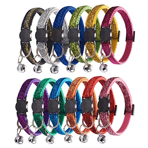 XIMA 12PCS Cat Collars with Bell,Pet Collar, Breakaway Cat Collar,Sequin Collars for Small Dogs,Camouflage Pattern for Cat and Dog (Sequin Designs-12pcs)