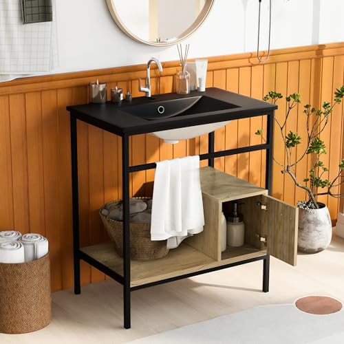 QuixotYDDZ 30" Freestanding Bathroom Vanity with Single Resin Sink, Bathroom Storage Cabinet and Sink Combo, Bathroom Cabinet with Door and Open Shelf for Apartment Dorm, Metal Frame, Black