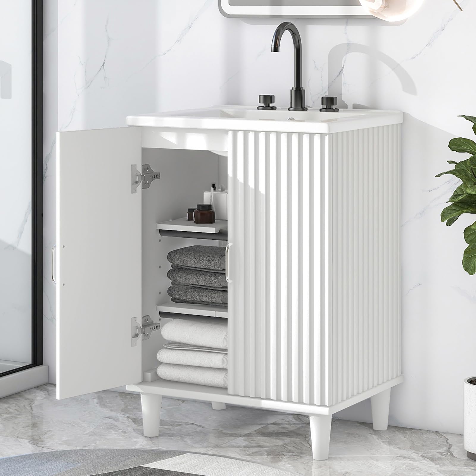 24" Bathroom Vanity Sink Combo, Freestanding Single Basin Vanity Set with Two Doors and Adjustable Shelves Solid Wood Bathroom Sink Cabinet, White