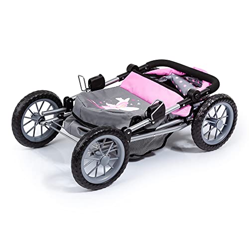 Bayer Design Dolls: Trendy Pram - Grey, Pink, Dots - Includes Shoulder Bag, Fits Dolls Up to 18", Adjustable Handle, Kids Pretend Play, Shopping Basket, Easy to Fold, Ages 3+