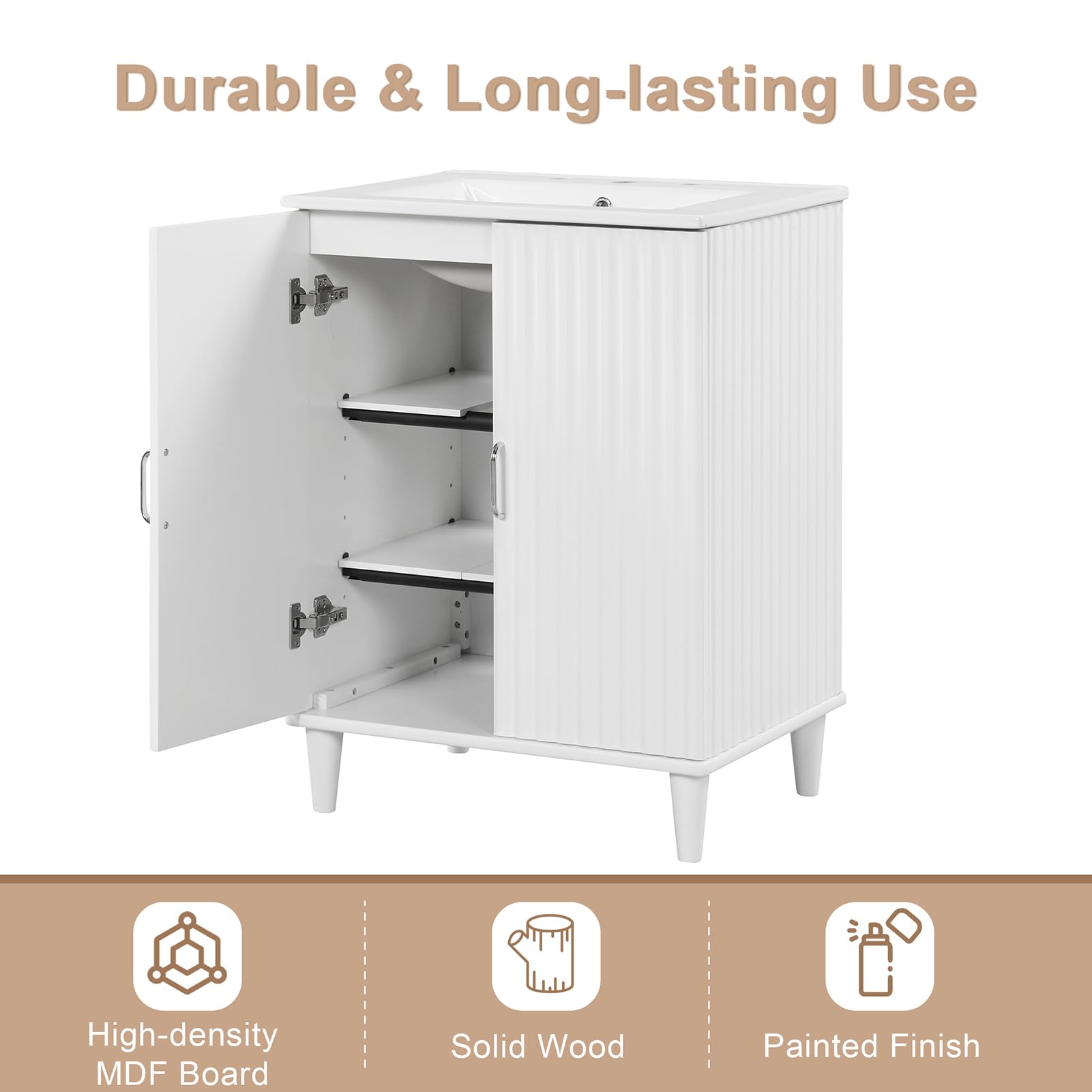 24" Bathroom Vanity Sink Combo, Freestanding Single Basin Vanity Set with Two Doors and Adjustable Shelves Solid Wood Bathroom Sink Cabinet, White