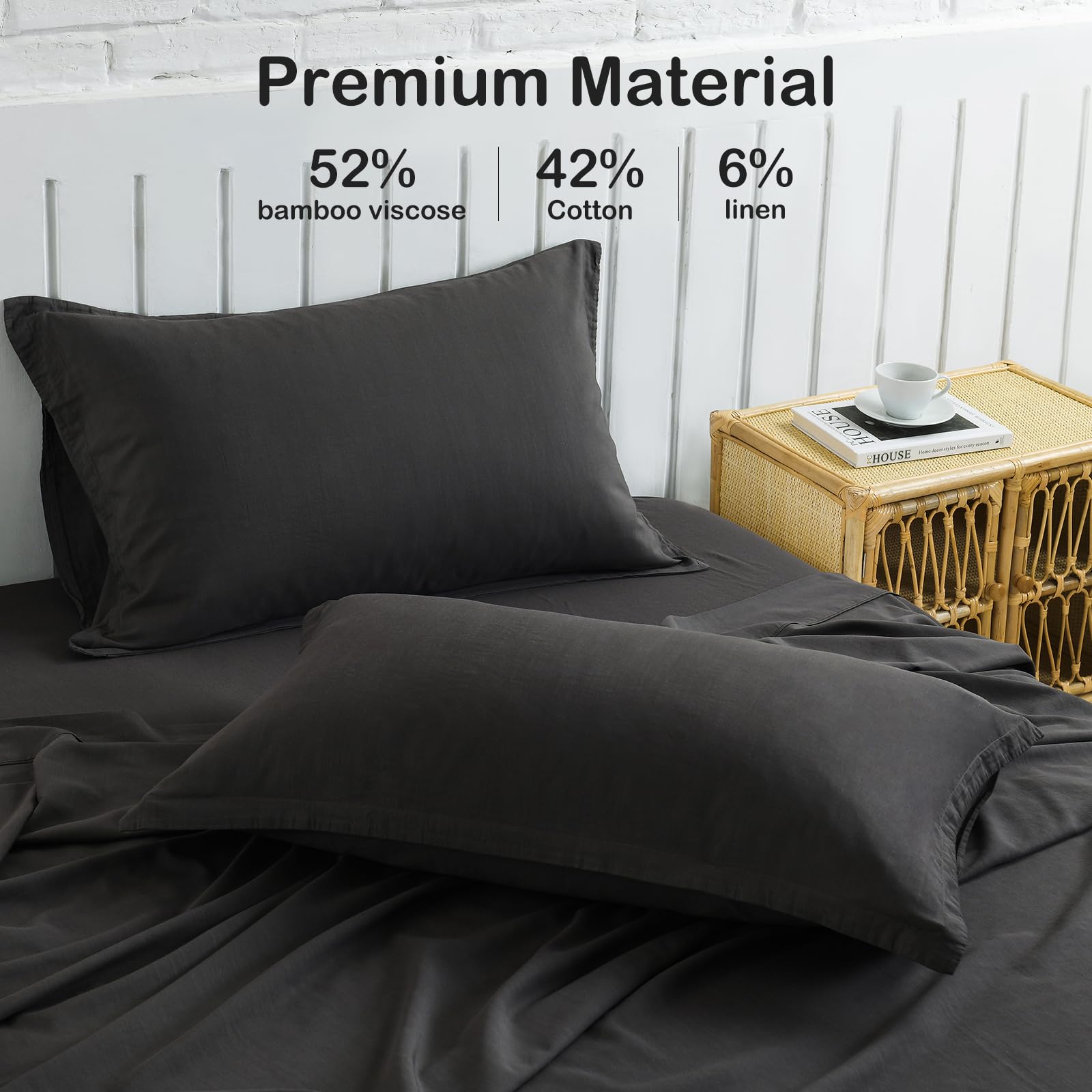 Charcoal Grey Linen-Textured Bed Sheets Set, Bamboo Rayon , Cotton , Linen Blend Bed Sheets Queen Size, Soft Cool & Breathable for Hot Sleepers,Durable Natural Organic Bed 15'' Deep Pocket - 4 Piece