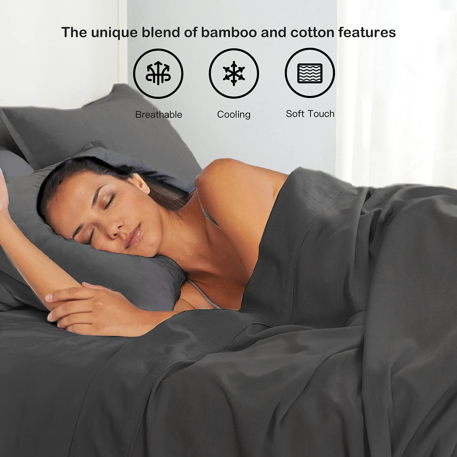 Charcoal Grey Linen-Textured Bed Sheets Set, Bamboo Rayon , Cotton , Linen Blend Bed Sheets Queen Size, Soft Cool & Breathable for Hot Sleepers,Durable Natural Organic Bed 15'' Deep Pocket - 4 Piece