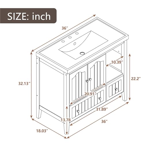 PIETFIU 36" Bathroom Vanity with Ceramic Basin Sink Set, Freestanding Bathroom Storage Cabinet with 2 Doors and 2 Drawers, Solid Frame, Metal Handles (Brown, 36 Inch)