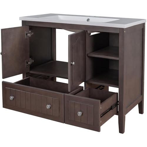 PIETFIU 36" Bathroom Vanity with Ceramic Basin Sink Set, Freestanding Bathroom Storage Cabinet with 2 Doors and 2 Drawers, Solid Frame, Metal Handles (Brown, 36 Inch)