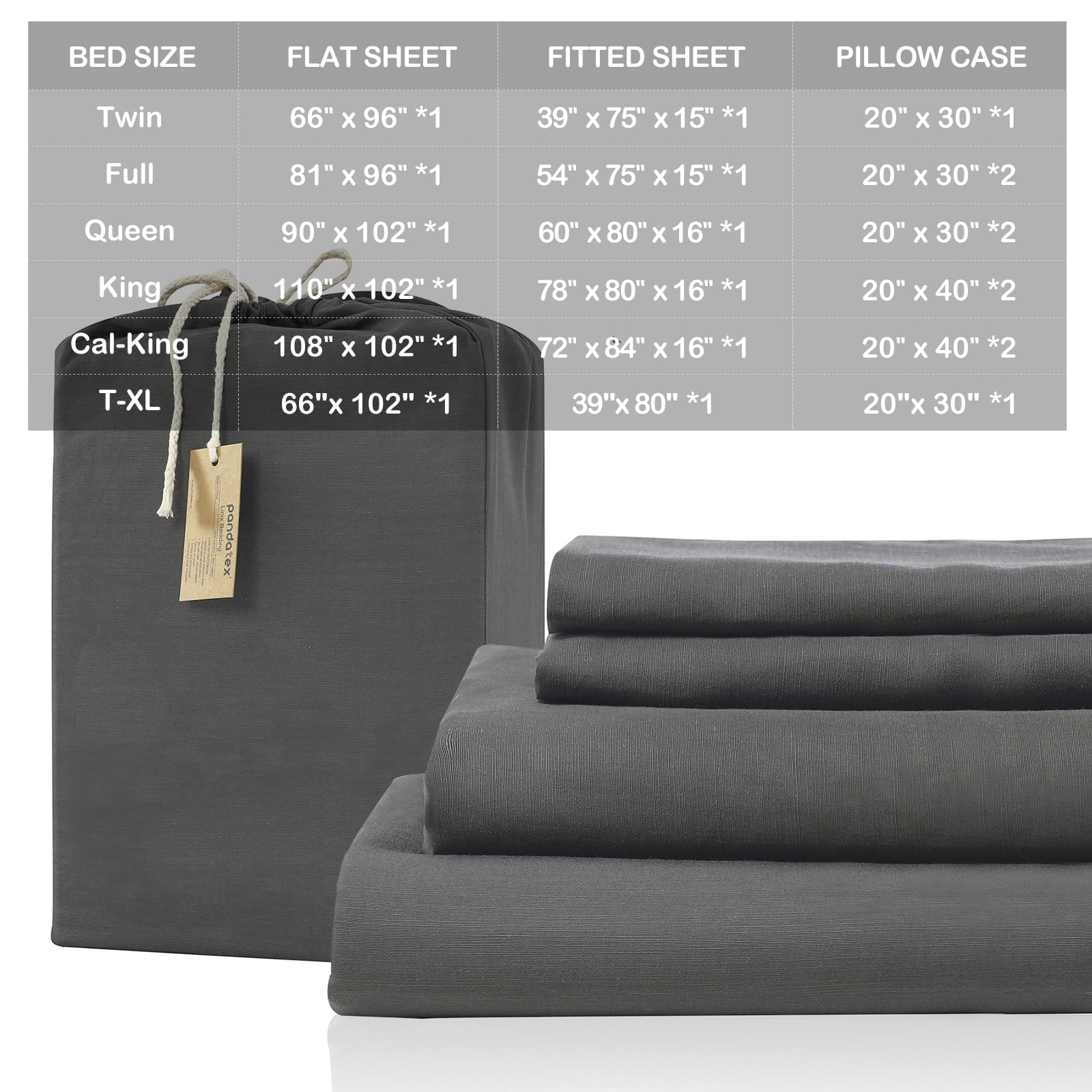 Charcoal Grey Linen-Textured Bed Sheets Set, Bamboo Rayon , Cotton , Linen Blend Bed Sheets Queen Size, Soft Cool & Breathable for Hot Sleepers,Durable Natural Organic Bed 15'' Deep Pocket - 4 Piece