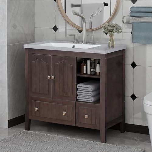 PIETFIU 36" Bathroom Vanity with Ceramic Basin Sink Set, Freestanding Bathroom Storage Cabinet with 2 Doors and 2 Drawers, Solid Frame, Metal Handles (Brown, 36 Inch)