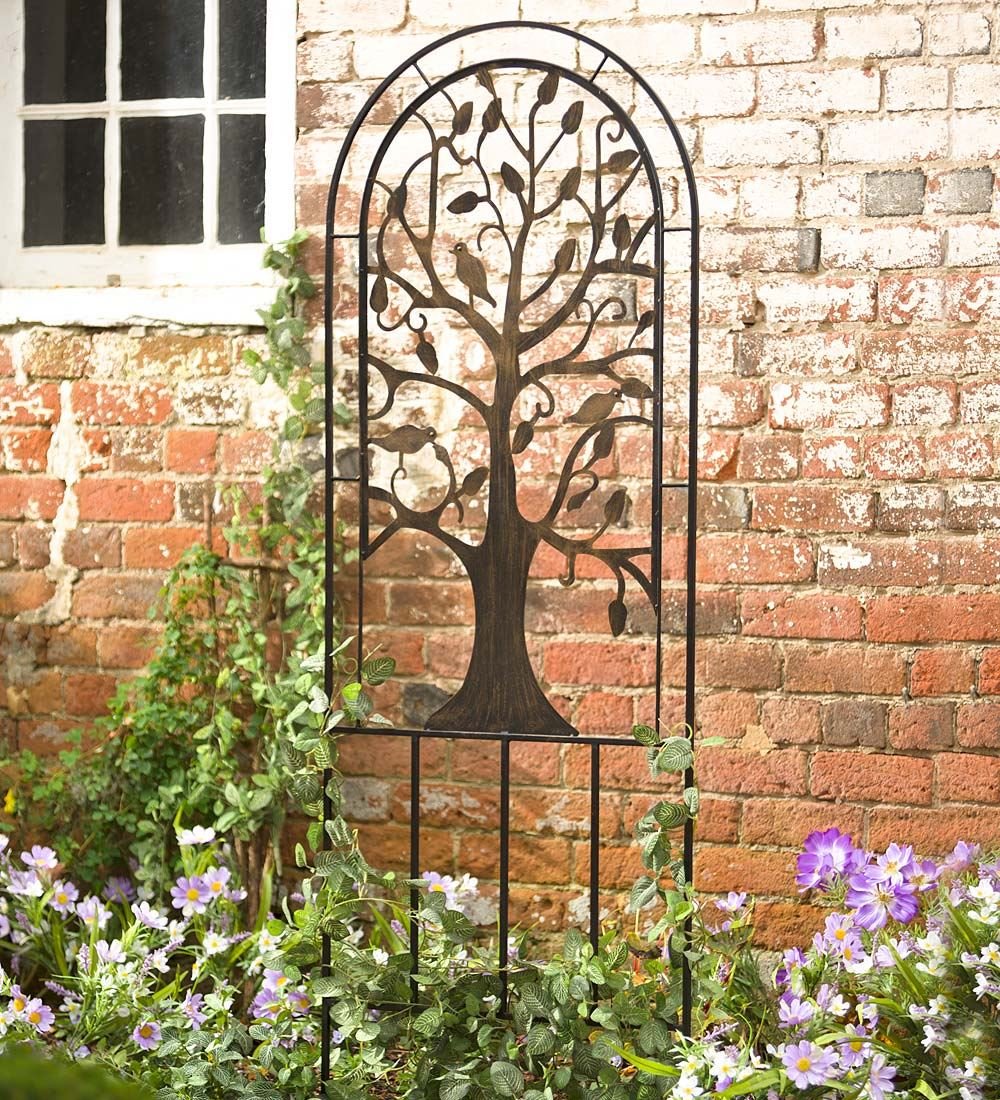 Plow & Hearth Arched Metal Garden Trellis with Symbolic Tree of Life Design, Weather-Resistant Matte Black Powder-Coat Finish and Burnished Bronze Highlights