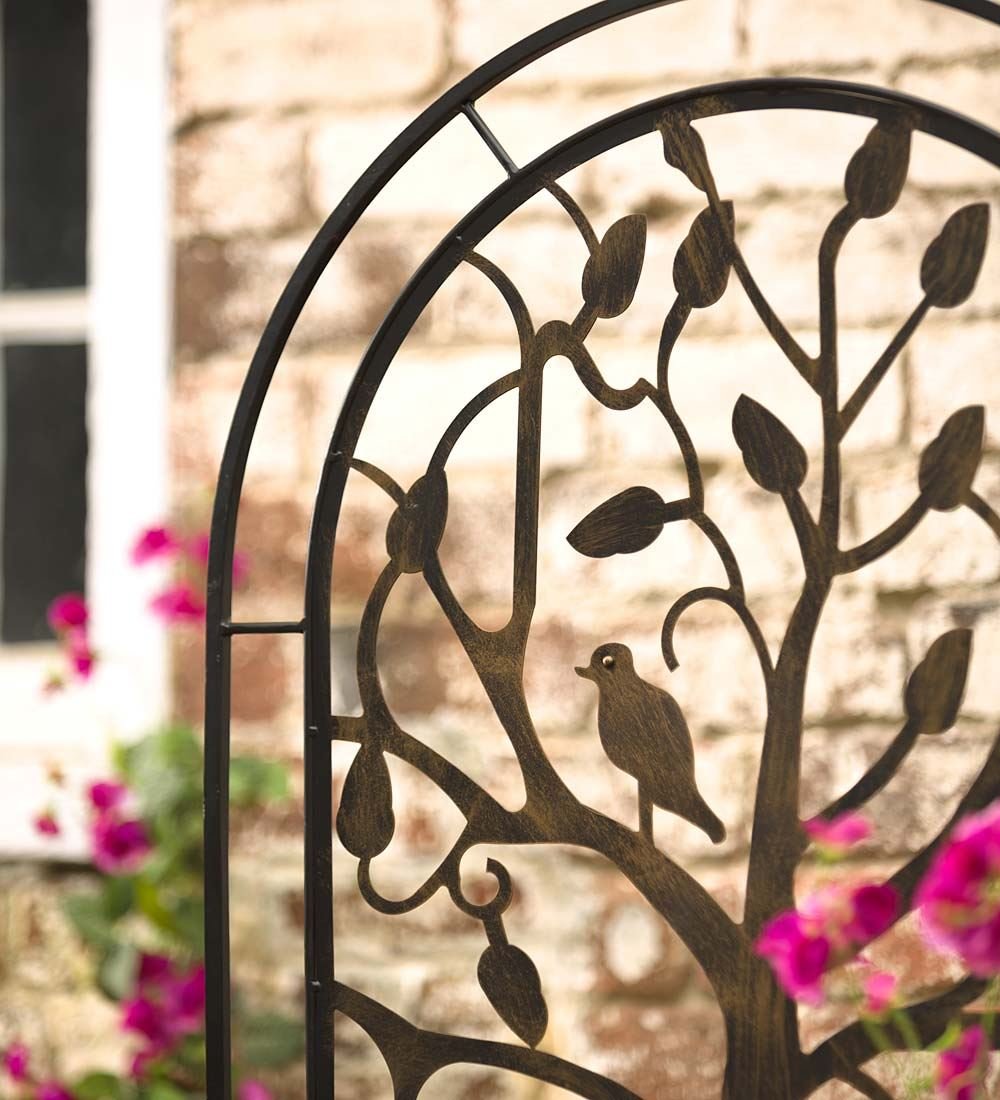 Plow & Hearth Arched Metal Garden Trellis with Symbolic Tree of Life Design, Weather-Resistant Matte Black Powder-Coat Finish and Burnished Bronze Highlights