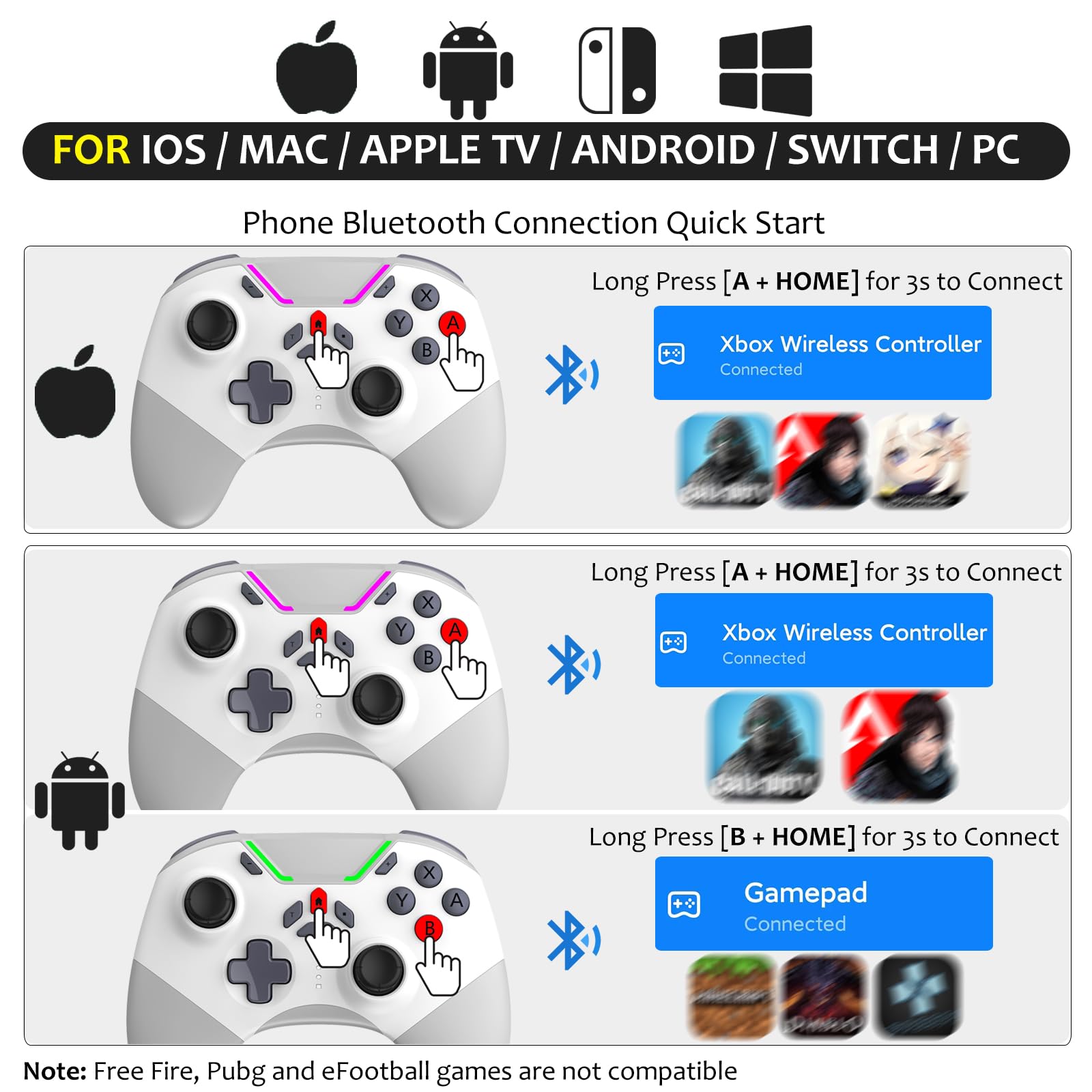 Bluetooth Controller for Switch/PC/iPhone/Android/Apple Arcade MFi Games/TV/Steam, Pro Wireless Game Controller Remote Gamepad with Phone Clip with Lock Speed/6-Axis Gyro/Dual Motors/Turbo/Switch Key