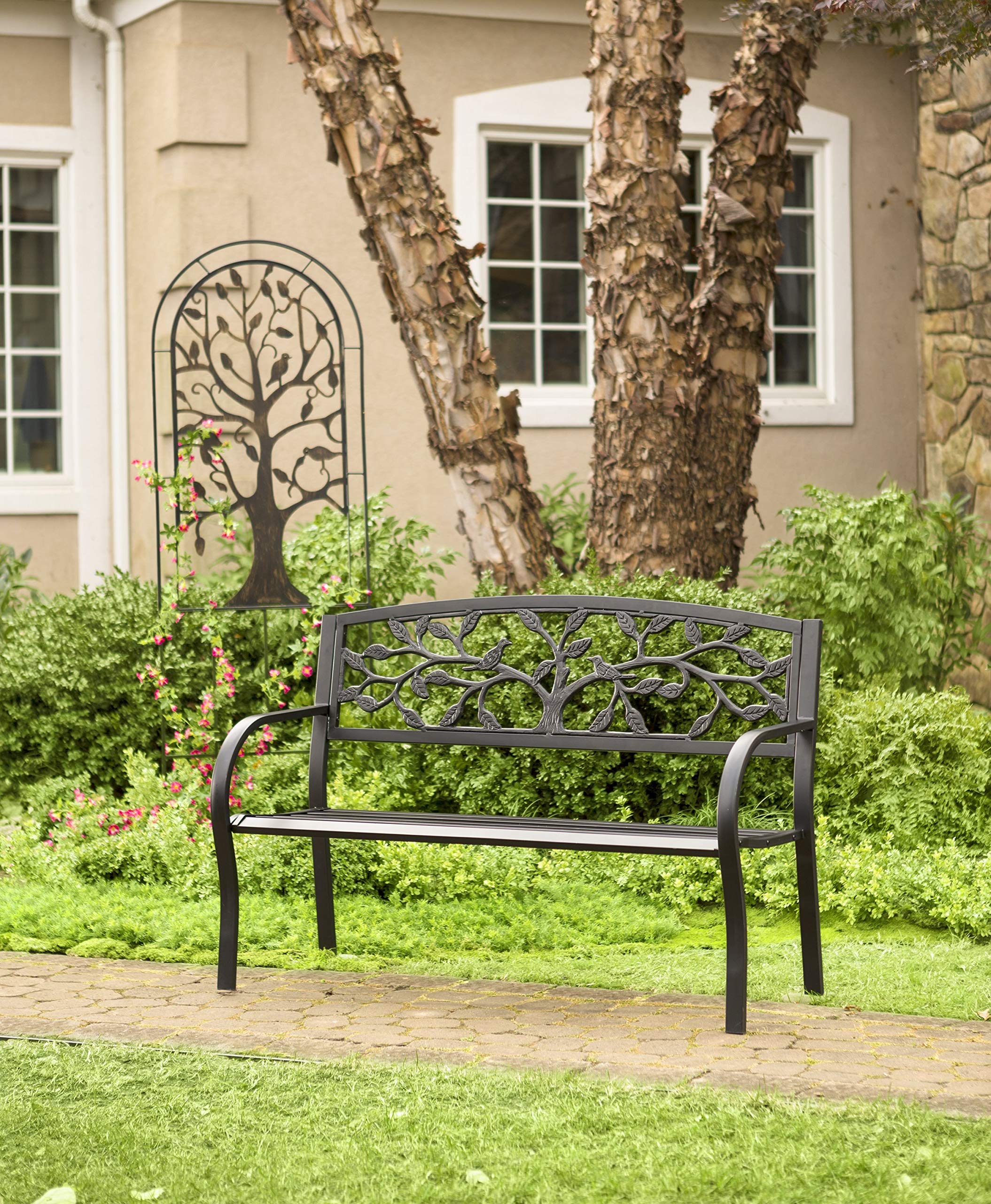 Plow & Hearth Arched Metal Garden Trellis with Symbolic Tree of Life Design, Weather-Resistant Matte Black Powder-Coat Finish and Burnished Bronze Highlights