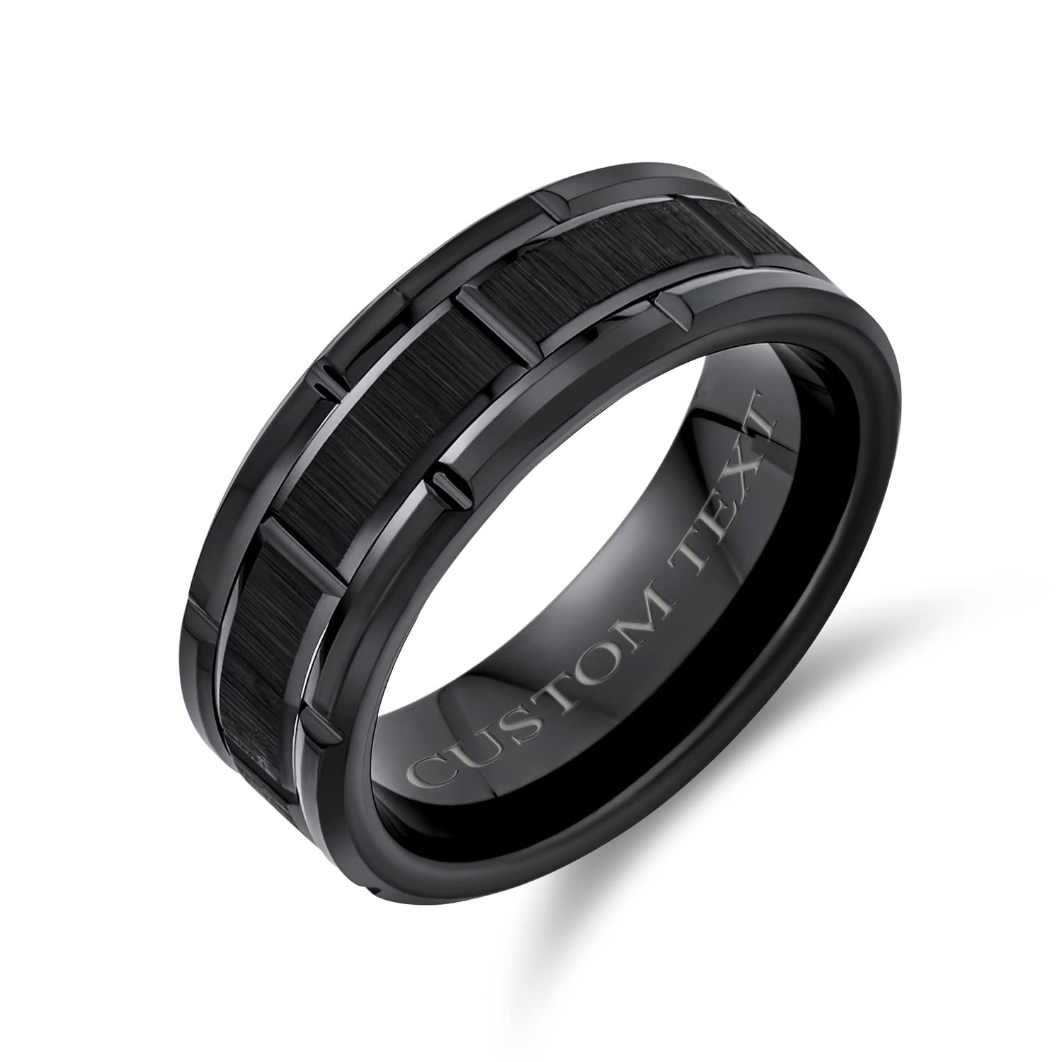 Bling Jewelry Personalized Engrave Mens Mechanic Car Racer Wide Tread Tire Band Ring for Men for Bikers Matte Black Titanium 8MM