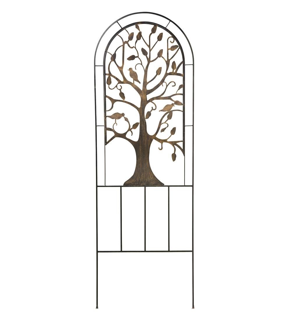 Plow & Hearth Arched Metal Garden Trellis with Symbolic Tree of Life Design, Weather-Resistant Matte Black Powder-Coat Finish and Burnished Bronze Highlights