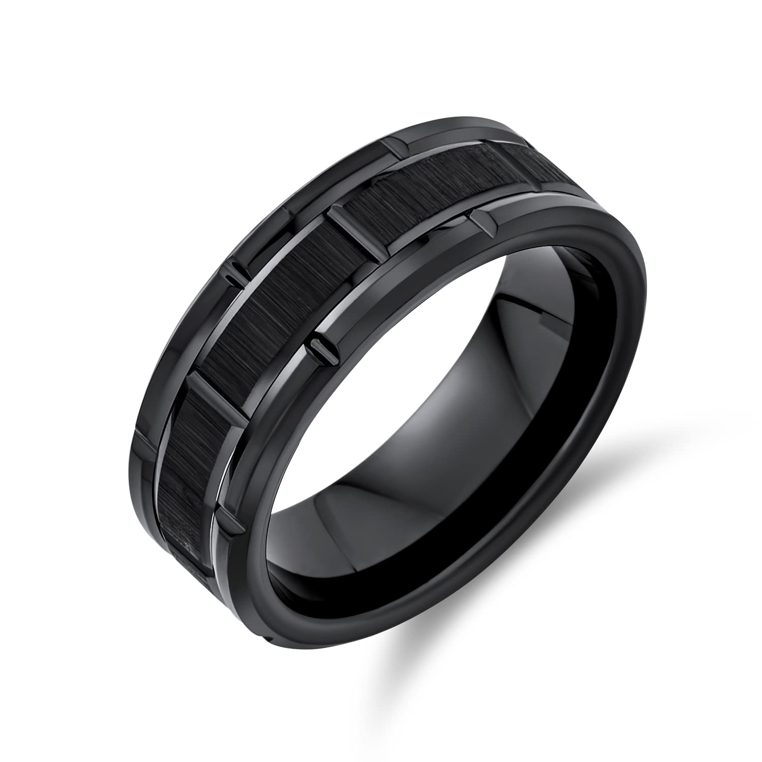 Bling Jewelry Personalized Engrave Mens Mechanic Car Racer Wide Tread Tire Band Ring for Men for Bikers Matte Black Titanium 8MM