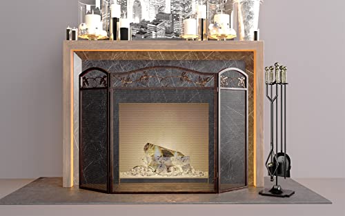 CALIDOLA 5 Pieces Fireplace Tool Set, Cast Iron Hearth Accessories Tools with Antique Brass Handles