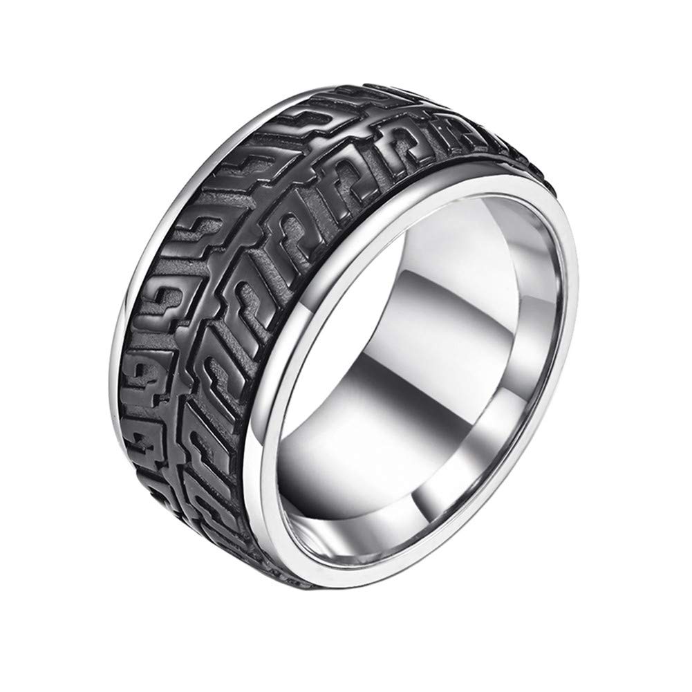 INRENG Men's Fashion Stainless Steel Spinner Ring Cool Car Motorcycle Tire Tread Biker Rings Band Black Size 8