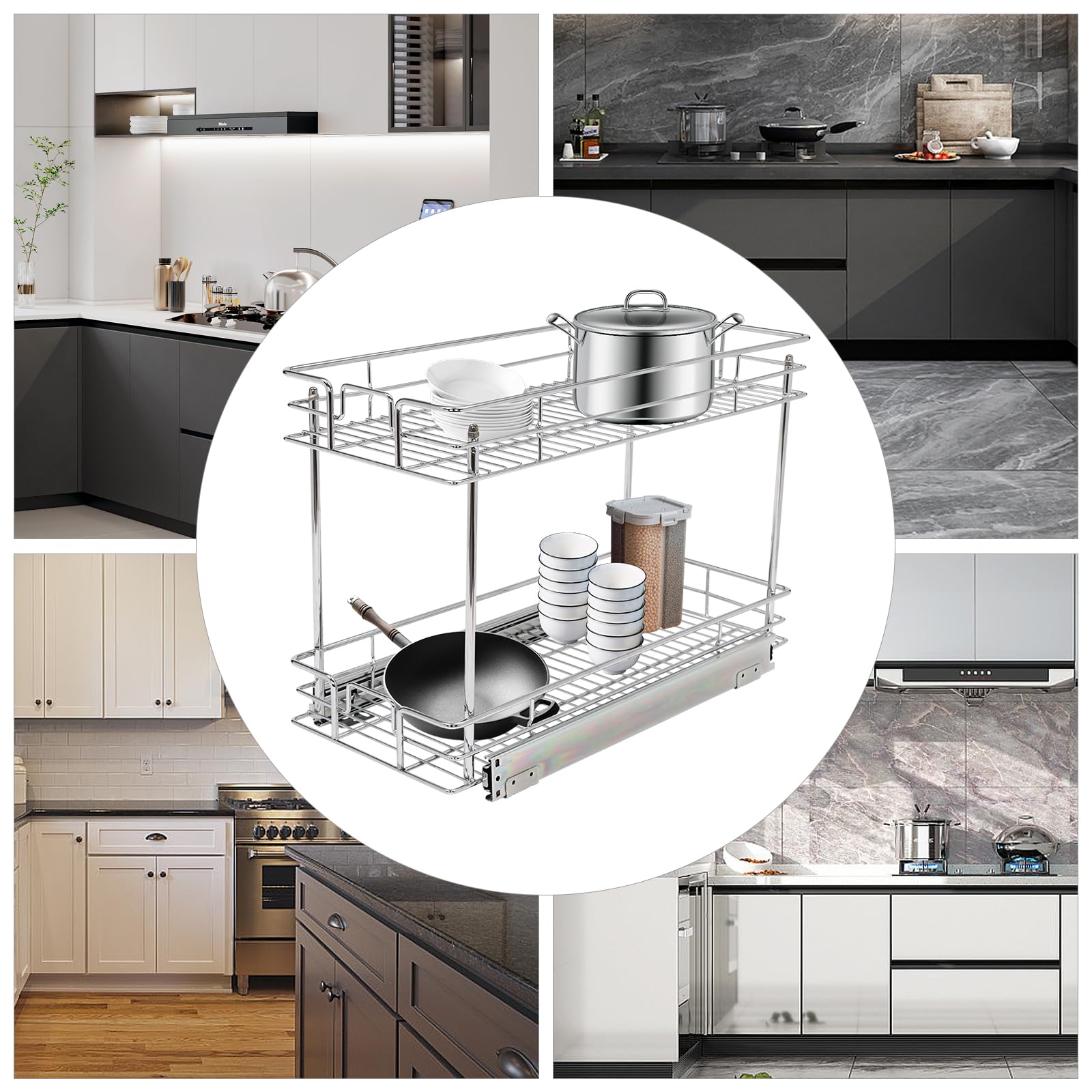 Gagalayong Under Sink Organizers and Storage, Pull Out Cabinet Organizer, 2-Tier Slide Out Kitchen Basket Sink Shelf Cabinet Organizers Adjustable L Shape Counter Organizers (10.5" W X 21.5" D)