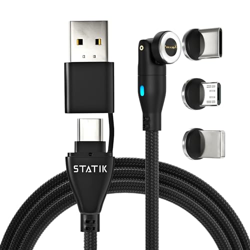 STATIK 360 Pro Magnetic Charging Cable - 100W Fast Charging Magnetic USB C Charging Cable, Magnetic Charger Cable Compatible with Apple Devices, USB-C, Micro-USB, USB-A Adapter - Black 1st Gen 10FT/3M
