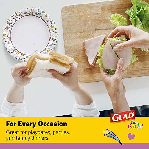 Glad for Kids Paper Plates, Small Round Paper Plates with Cute Designs for Kids Heavy Duty Disposable Soak Proof Microwavable Paper Plates for All Occasions, Unicorns, 7 Inch, 20 Count