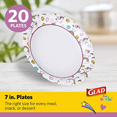 Glad for Kids Paper Plates, Small Round Paper Plates with Cute Designs for Kids Heavy Duty Disposable Soak Proof Microwavable Paper Plates for All Occasions, Unicorns, 7 Inch, 20 Count