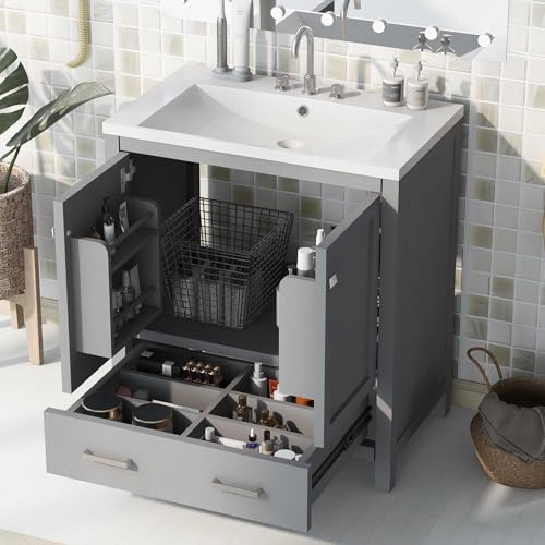 RIDFY 30" Bathroom Vanity with Sink, Modern Combo Cabinet Undermount Sink with 2 Doors and Drawer, Multifunctional Storage, Freestanding Single Basin Vanity, Solid Wood Frame (Grey)
