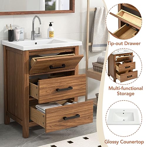 Poeyleja 24'' Bathroom Vanity with Ceramic Basin Sink, Modern Bathroom Storage Cabinet with 3 Drawers, Freestanding Bathroom Vanity Cabinet with Single Sink Natural Wood 24.4 * 18.3 * 33.8