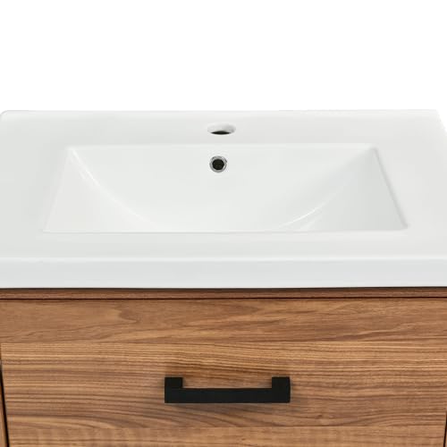 Poeyleja 24'' Bathroom Vanity with Ceramic Basin Sink, Modern Bathroom Storage Cabinet with 3 Drawers, Freestanding Bathroom Vanity Cabinet with Single Sink Natural Wood 24.4 * 18.3 * 33.8