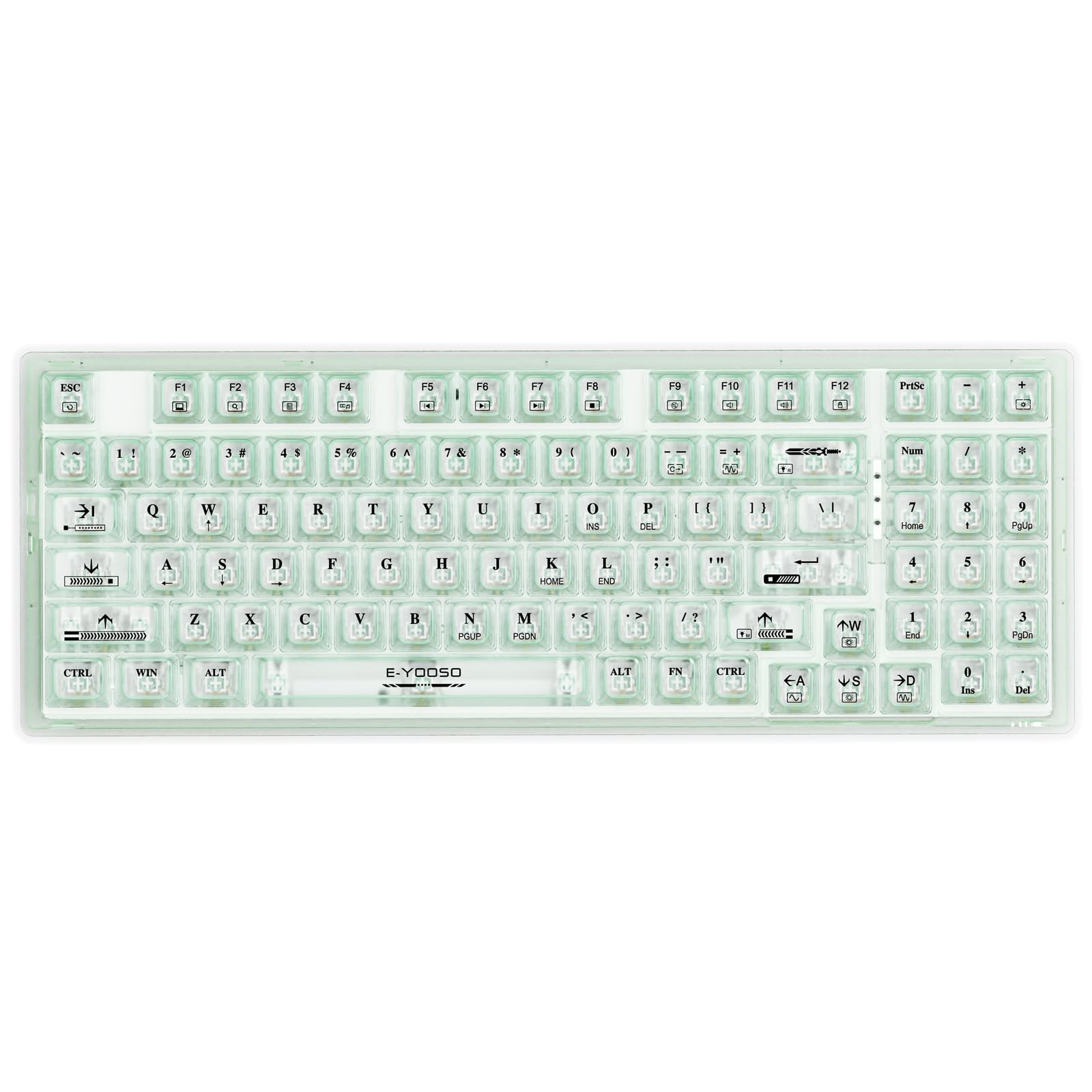HUO JI Mechanical Gaming Keyboard USB Wired Compact with Clear Keycaps, RGB Side-Lit, Single Led Backlit, Number Pad, White Switch, Detachable Type C Cable, 94 Keys for PC/Computer/Laptop