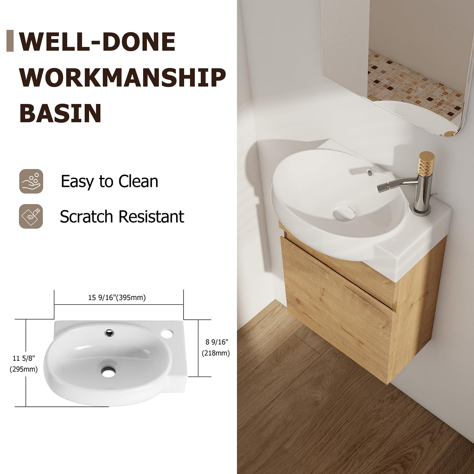 16 inch Floating Bathroom Vanity with Round Single Ceramic Sink, Wall Mounted Bathroom Cabinet with Soft Closing Door Bathroom Vanity and Sink Combo, for Small Space