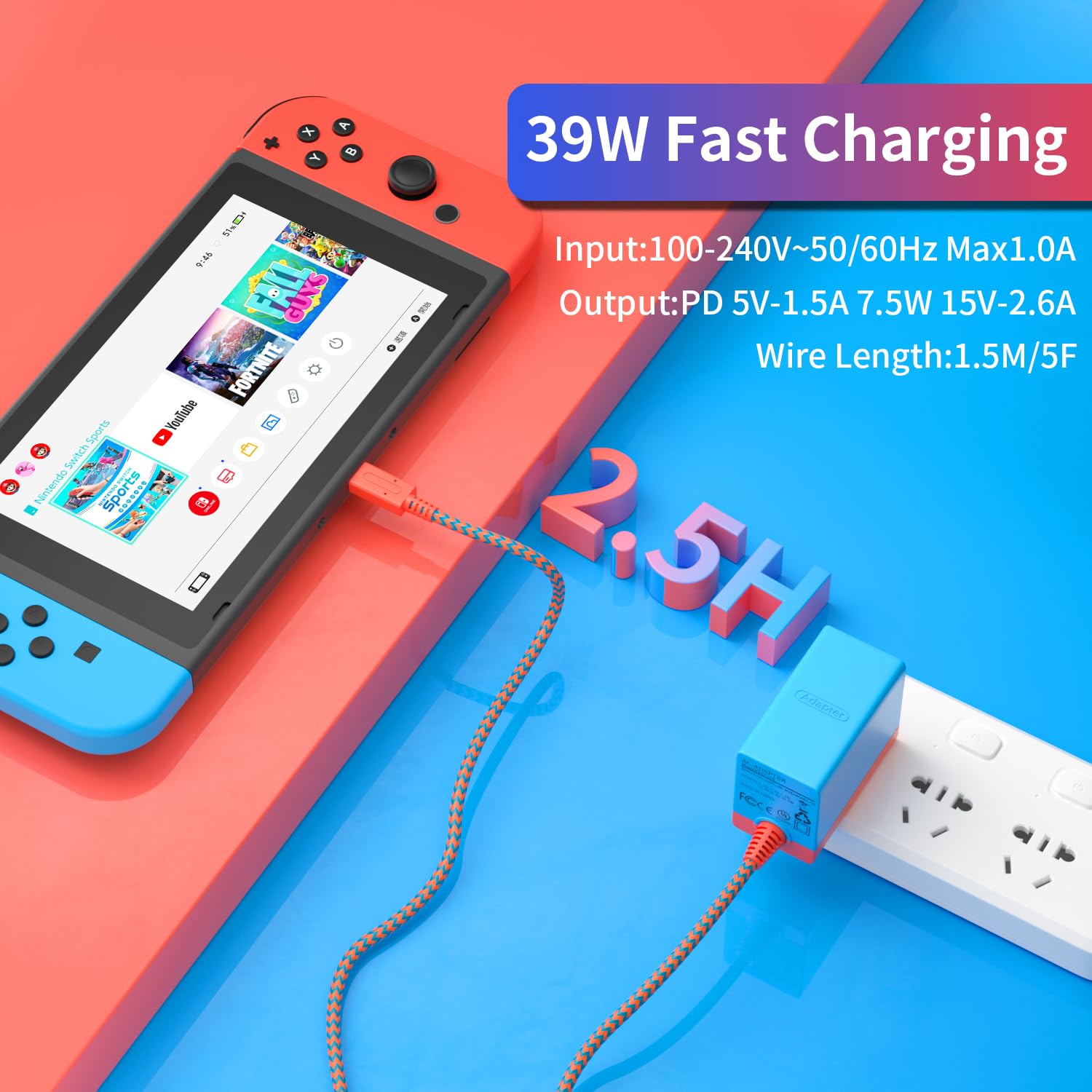 Mviioe Switch Charger for Nintendo Switch Switch AC Adapter 15V 2.6A Switch Charger Cord 5FT 39W Power Supply Compatible with Nintendo Switch/Lite/OLED/Steam Deck/PlayStation Portal