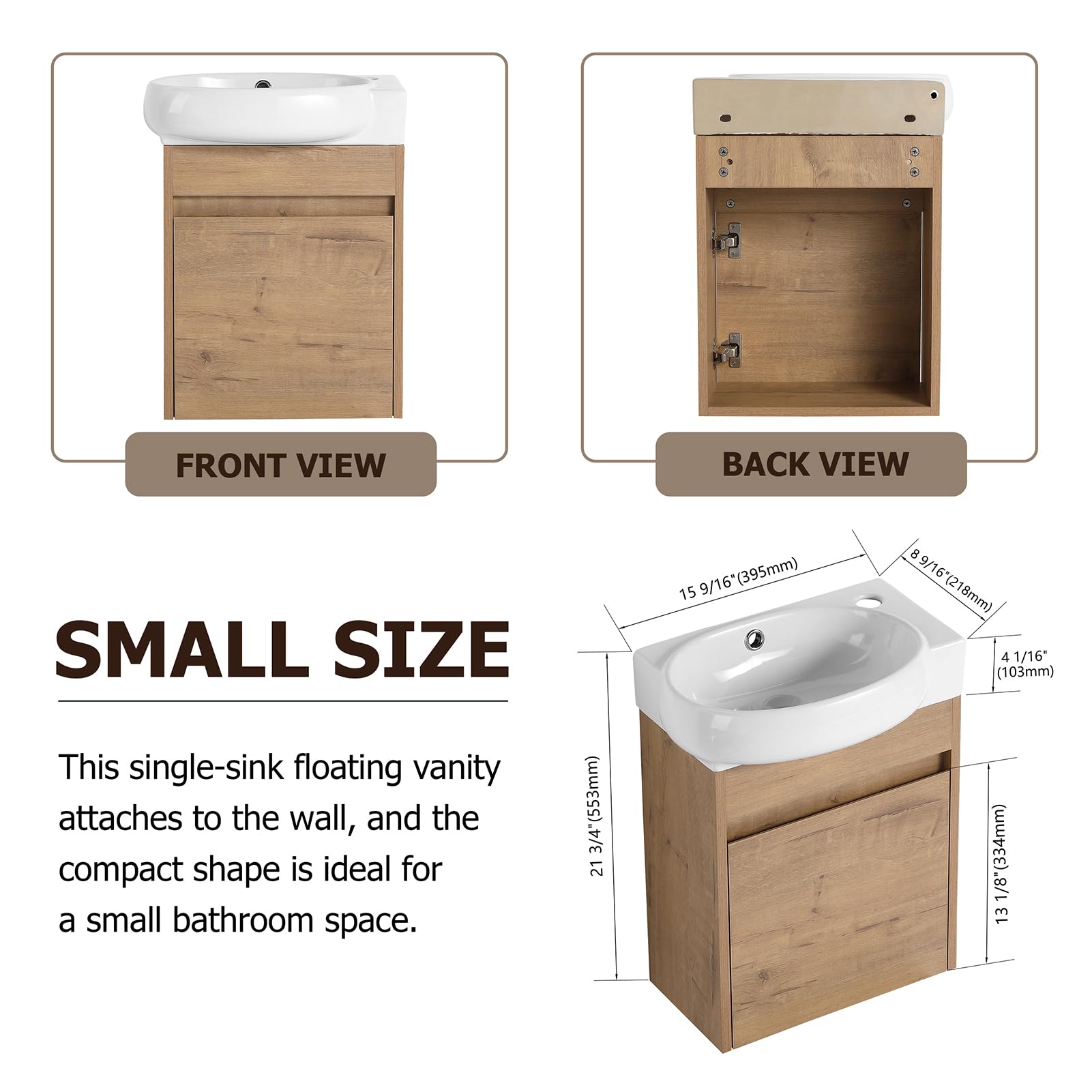 16 inch Floating Bathroom Vanity with Round Single Ceramic Sink, Wall Mounted Bathroom Cabinet with Soft Closing Door Bathroom Vanity and Sink Combo, for Small Space
