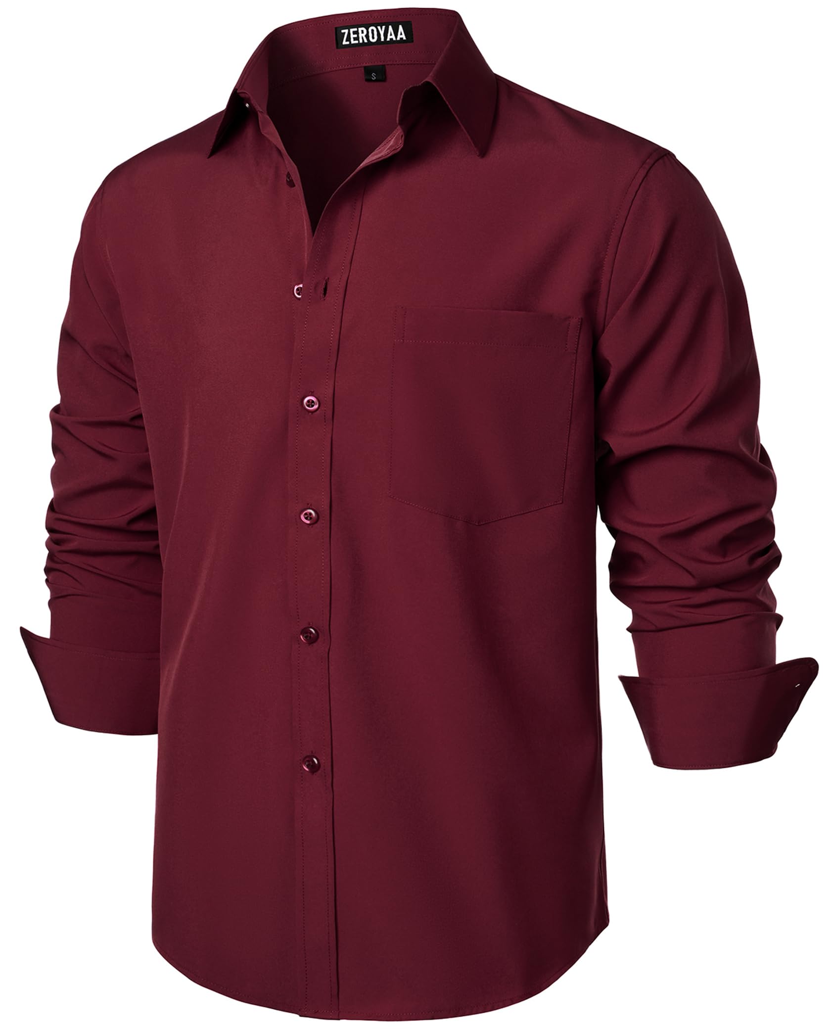 ZEROYAA Men's Regular Fit Dress Shirt Solid Wrinkle-Free Long Sleeve Casual Business Button Up Shirts with Pocket ZSSCL05-Maroon Small