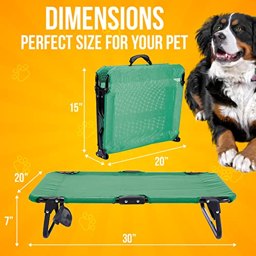 Outrav Elevated Dog Cot with Steel Frame - Foldable Raised Play and Rest Bed for Dogs and Cats - Heavy Duty Strong Material - Pet Cot with Bonus Storage Bag (Small 30β x 20β x 7β, Green)