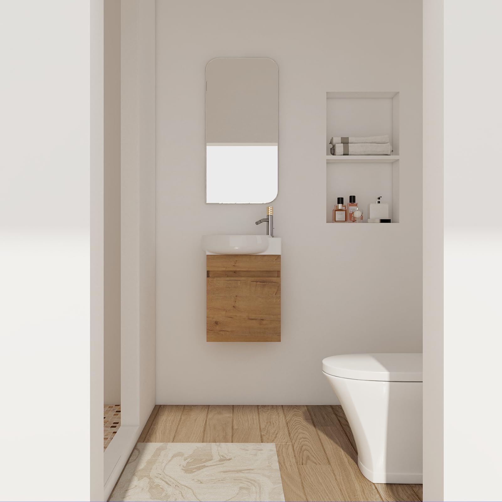 16 inch Floating Bathroom Vanity with Round Single Ceramic Sink, Wall Mounted Bathroom Cabinet with Soft Closing Door Bathroom Vanity and Sink Combo, for Small Space