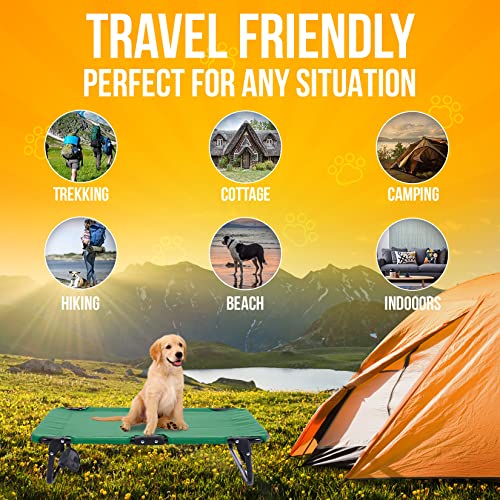 Outrav Elevated Dog Cot with Steel Frame - Foldable Raised Play and Rest Bed for Dogs and Cats - Heavy Duty Strong Material - Pet Cot with Bonus Storage Bag (Small 30β x 20β x 7β, Green)