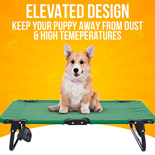 Outrav Elevated Dog Cot with Steel Frame - Foldable Raised Play and Rest Bed for Dogs and Cats - Heavy Duty Strong Material - Pet Cot with Bonus Storage Bag (Small 30β x 20β x 7β, Green)