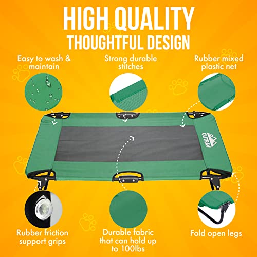 Outrav Elevated Dog Cot with Steel Frame - Foldable Raised Play and Rest Bed for Dogs and Cats - Heavy Duty Strong Material - Pet Cot with Bonus Storage Bag (Small 30β x 20β x 7β, Green)