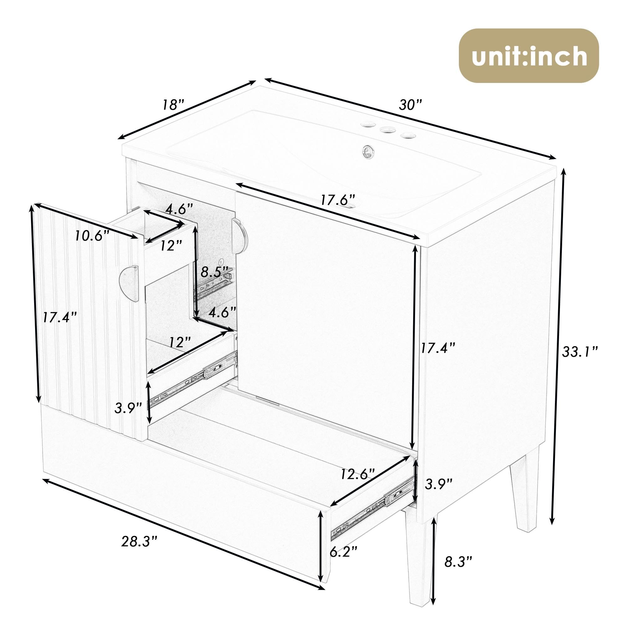 PIETFIU 30" Bathroom Vanity with Sink Combo, Freestanding Bathroom Cabinet with Door and Drawers, Solid Frame,GoldenMetal Handle (Grey, 30 Inch)