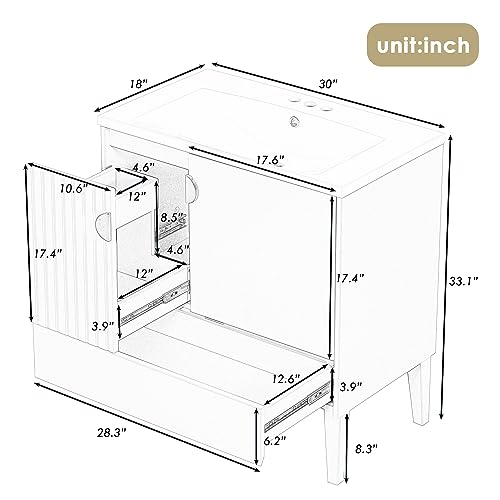 QuixotYDDZ 30 Inch Bathroom Vanity, Bathroom Vanity Cabinet and Ceramic Sink Combo, Freestanding Bathroom Storage Cabinet with Pull-Out Drawers, Solid Wood Frame, Soft Closing Doors, Grey
