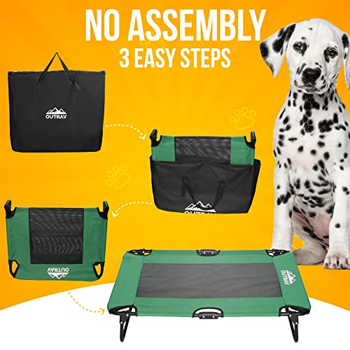 Outrav Elevated Dog Cot with Steel Frame - Foldable Raised Play and Rest Bed for Dogs and Cats - Heavy Duty Strong Material - Pet Cot with Bonus Storage Bag (Small 30β x 20β x 7β, Green)