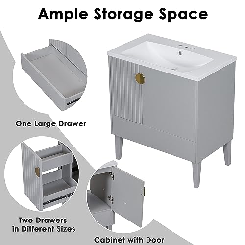QuixotYDDZ 30 Inch Bathroom Vanity, Bathroom Vanity Cabinet and Ceramic Sink Combo, Freestanding Bathroom Storage Cabinet with Pull-Out Drawers, Solid Wood Frame, Soft Closing Doors, Grey