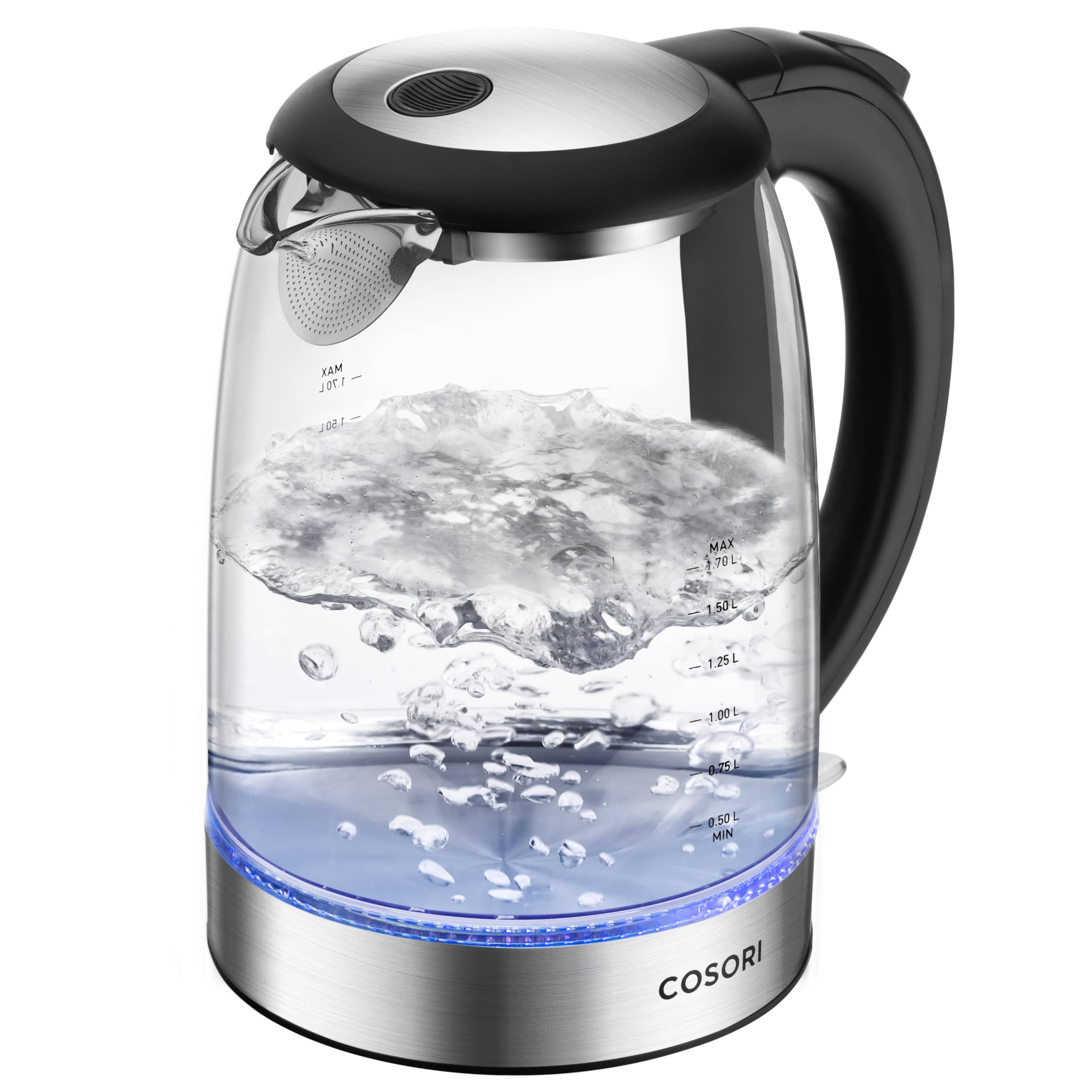 COSORI Electric Kettle with Stainless Steel Filter and Inner Lid, 1500W Wide Opening 1.7L Glass Tea Kettle & Hot Water Boiler, LED Indicator Auto Shut-Off & Boil-Dry Protection, BPA Free, Matte Black