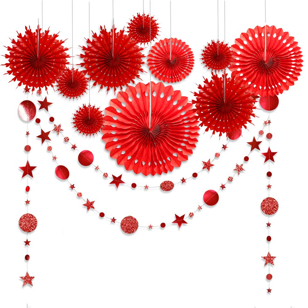 Red Party Decorations Chinese New Year Tissue Pompom Paper Fan Decor Birthday Party Garland Glitter Circle Dots Garland Steamer Banner Backdrop for Girls Wedding Valentines Day