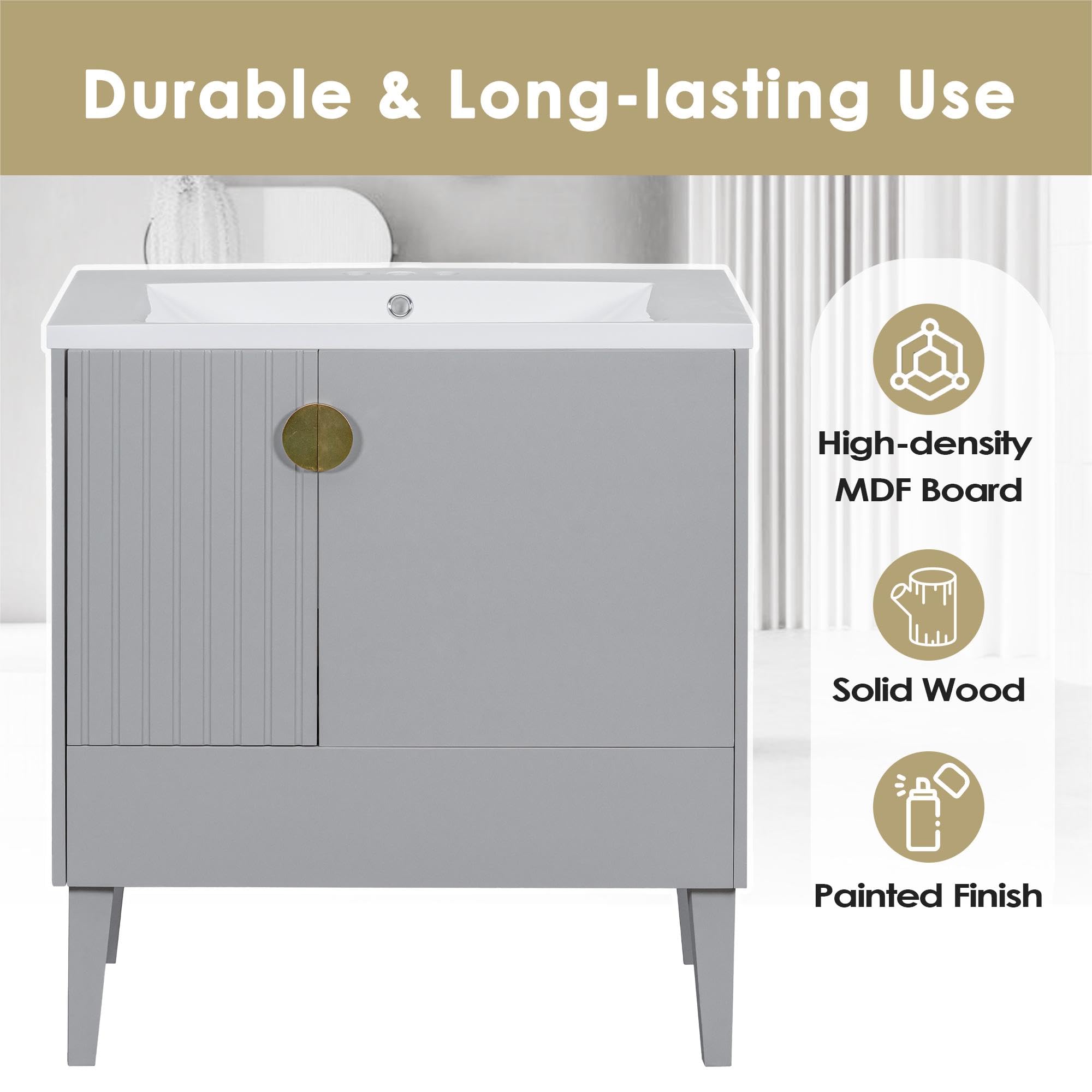 PIETFIU 30" Bathroom Vanity with Sink Combo, Freestanding Bathroom Cabinet with Door and Drawers, Solid Frame,GoldenMetal Handle (Grey, 30 Inch)