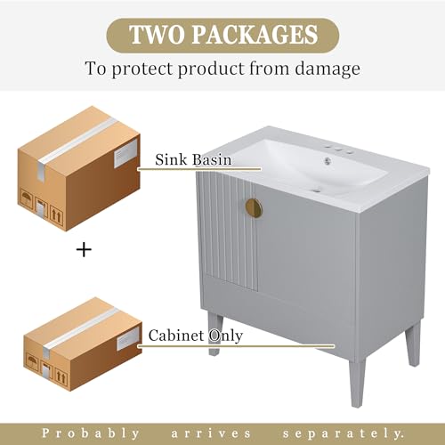 QuixotYDDZ 30 Inch Bathroom Vanity, Bathroom Vanity Cabinet and Ceramic Sink Combo, Freestanding Bathroom Storage Cabinet with Pull-Out Drawers, Solid Wood Frame, Soft Closing Doors, Grey