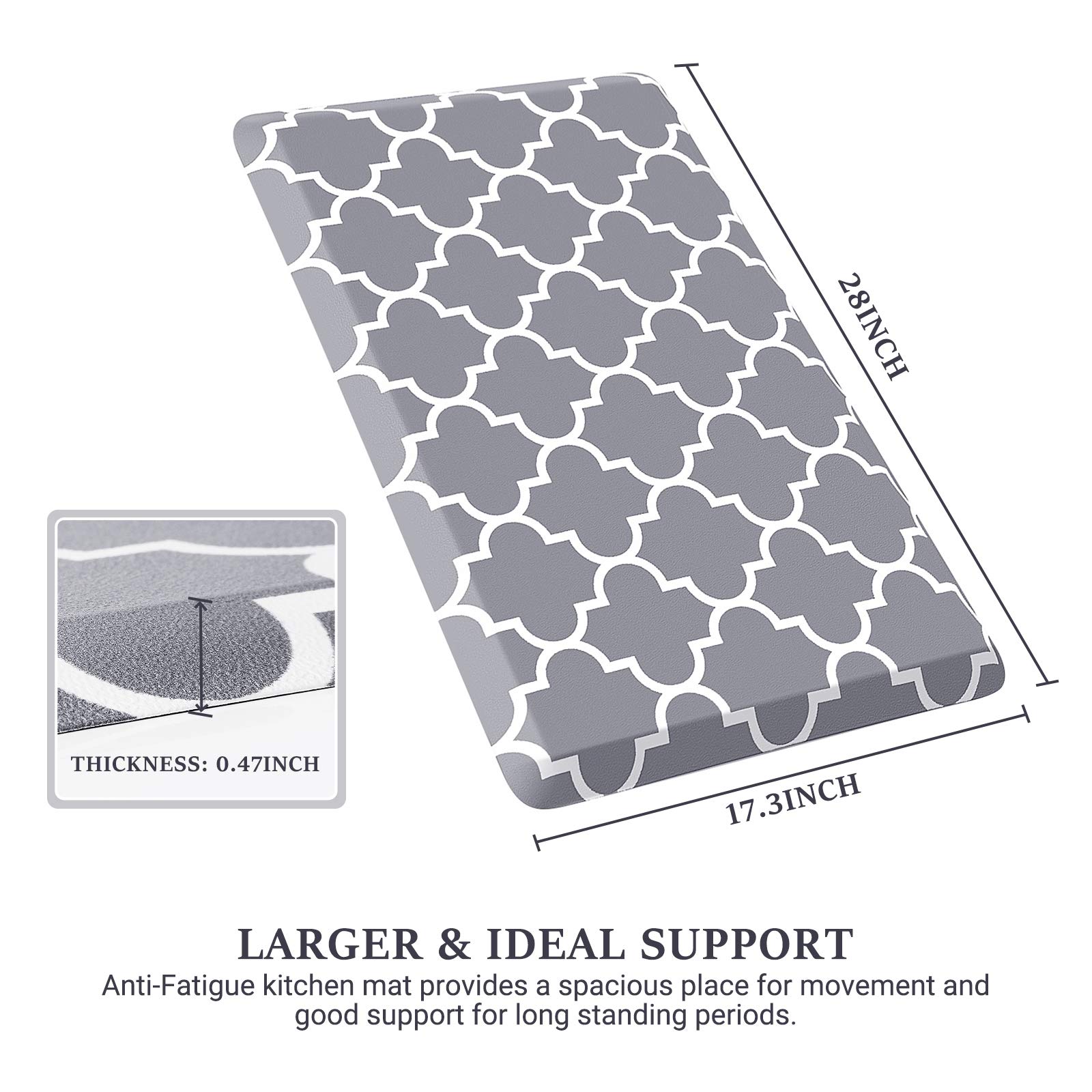 WISELIFE Kitchen Mat and Rugs Cushioned Anti-Fatigue Kitchen mats ,17.3"x 28",Non Slip Waterproof Kitchen Mats and Rugs Ergonomic Comfort Mat for Kitchen, Floor Home, Office, Sink, Laundry , Grey